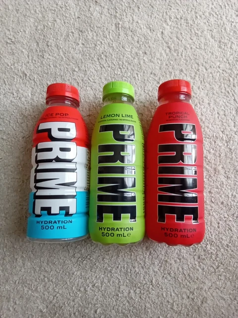 THREE BOTTLES OF Prime Hydration Drink Ice Pop,Lemon Lime,Tropical ...