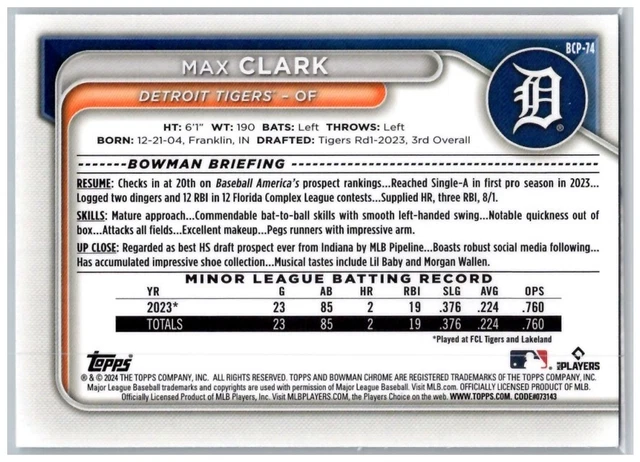 BCP-74 MAX CLARK Detroit Tigers 2024 Bowman Rifrattore Lunare Cromato ...