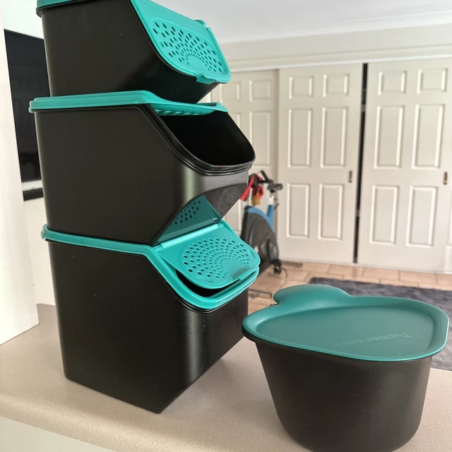 4 PIECE TUPPERWARE Potato Mate Onion Mate Garlic Mate Set, Black & Teal ...