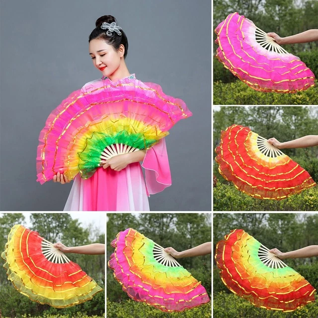 COLOR LONG IMITATION Long Silk Fans Belly Dancing Fan Rayon Silk Fans ...