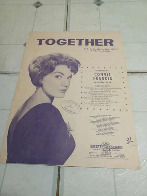 VINTAGE TOGETHER SHEET Music Connie Francis PIANO Voice Australian ...