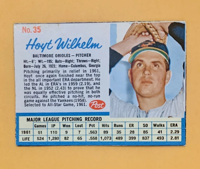 CARTE DE BASEBALL post-céréales Hoyt Wilhelm 1962 #35 Baltimore Orioles ...