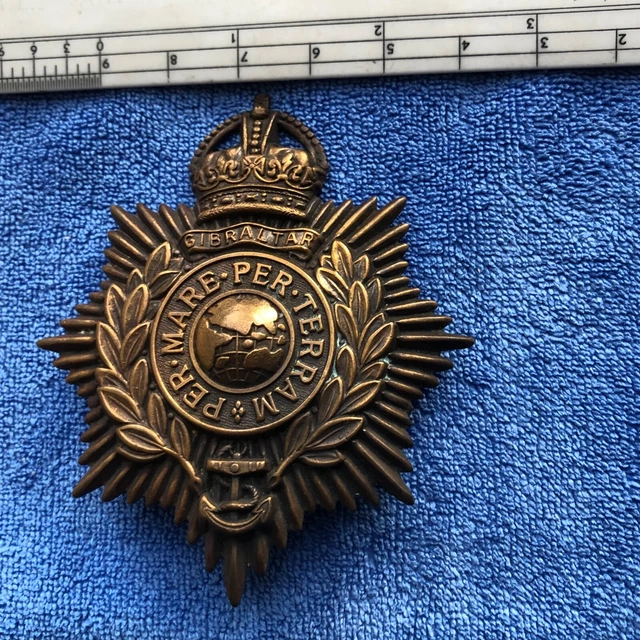 WW1 ROYAL MARINES Gibraltar Helmet Plate Cap Badge KC Brass PER.MARE ...