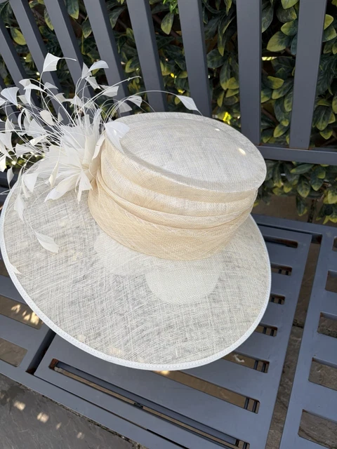 NIGEL RAYMENT MILLINER beige natural wide brim feather ascot wedding ...