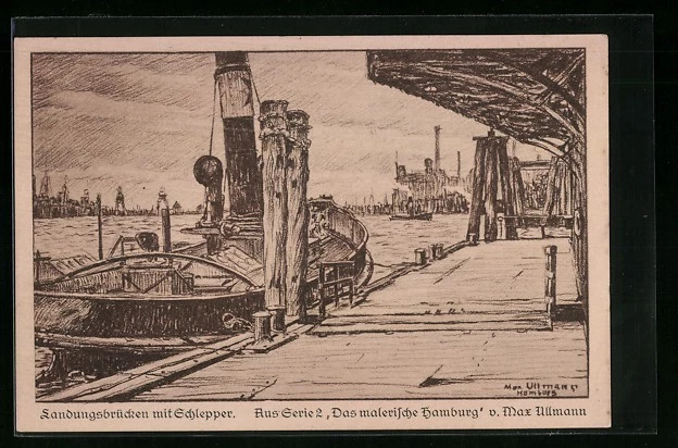 CARTOLINA D'ARTISTA HAMBURG-ST.PAULI, ponti di atterraggio con trattore ...