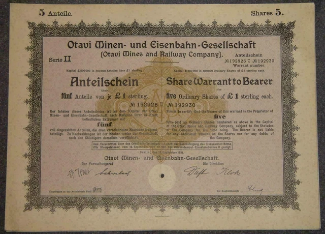 OTAVI MINEN- UND Eisenbahn-Gesellschaft 1921 Serie I EUR 1,00 - PicClick DE