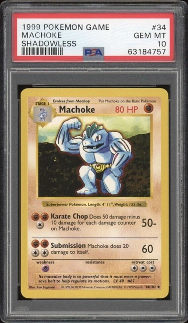 1999 JEU POKÉMON jeu Shadowless Base Set Machoke 34/102 PSA 10 GEMMES ...