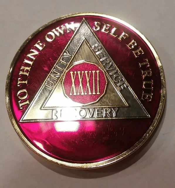 32 YEAR AA Sobriety Challenge Coin Chip Medallion Mandarin Red Enamel ...