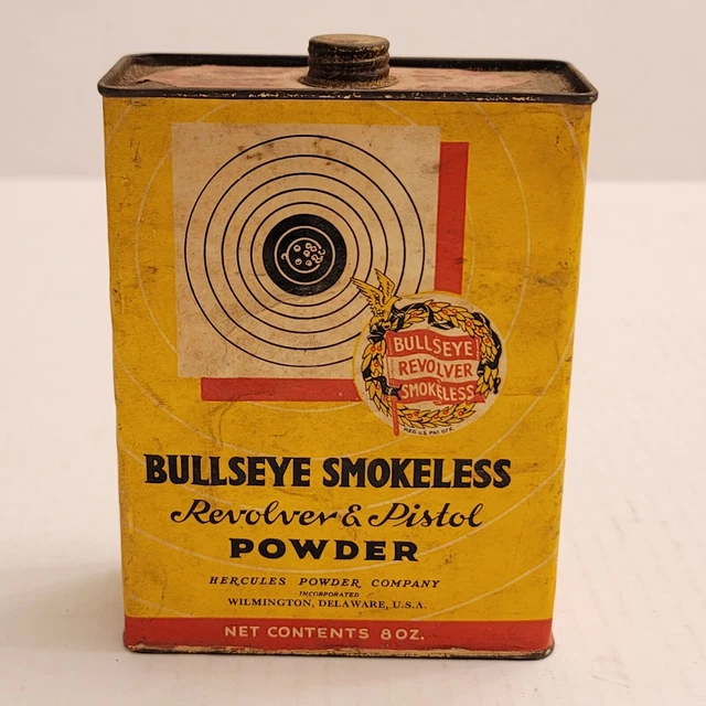 EARLY VINTAGE HERCULES Bullseye Revolver Pistol Powder Can 8 Oz Paper ...
