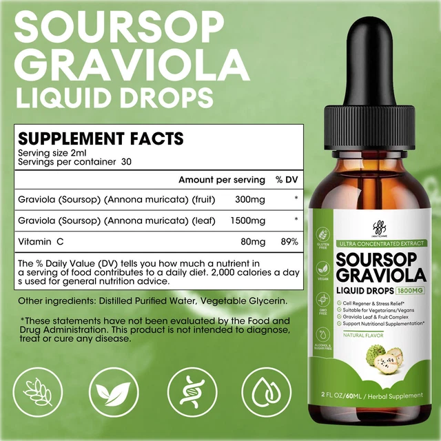 SOURSOP GRAVIOLA LIQUID Drops 2000mg Acerola Cherry with Vitamin C ...