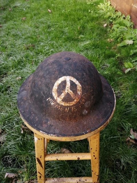 WW2 BRITISH BRODIE Helmet with Peace Symbol ( 1981 Greenham Common) £45 ...