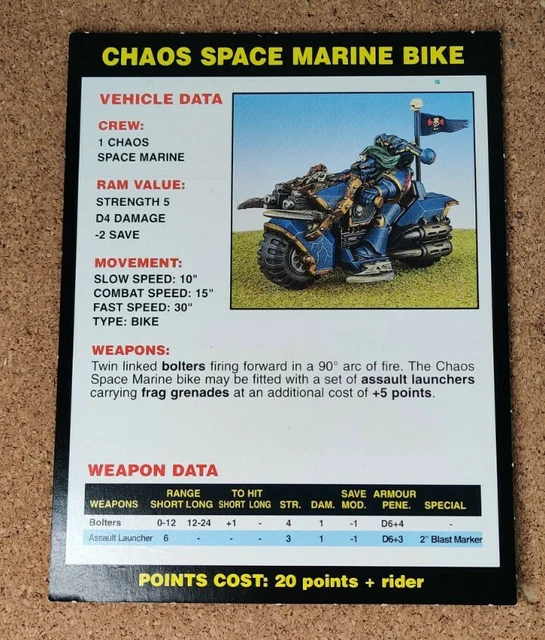WARHAMMER 40K - Vehicle Data Card - Chaos Space Marine Bike EUR 4,67 ...