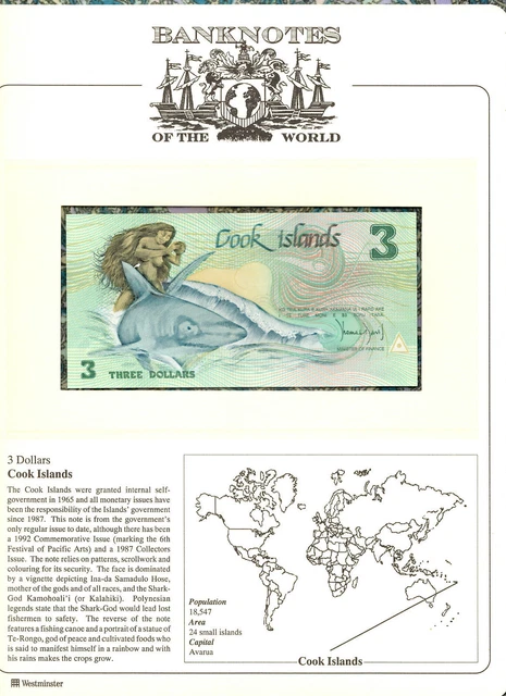 BANKNOTES OF THE World Cook Islands 3 Dollars 1987 P-3 UNC LOW # AAR ...