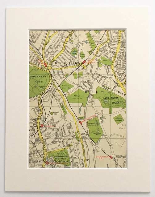 ANTIQUE 1940S LONDON Map - Mounted - Colour - HERNE HILL, DULWICH ...