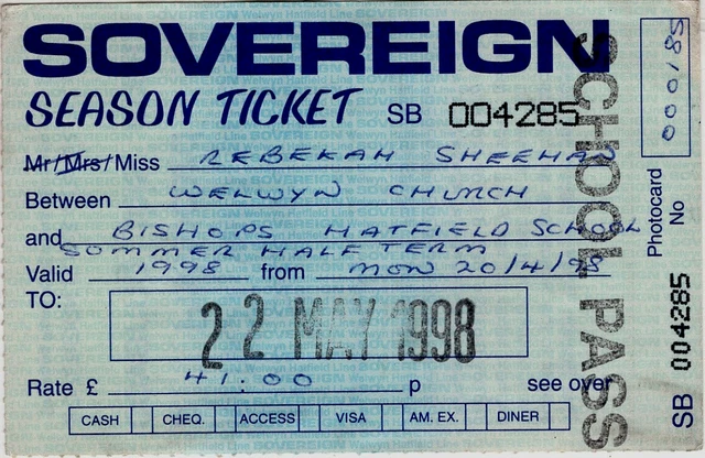 BUS TICKET: SOVEREIGN Bus & Coach Season ticket, 1998 £4.50 - PicClick UK