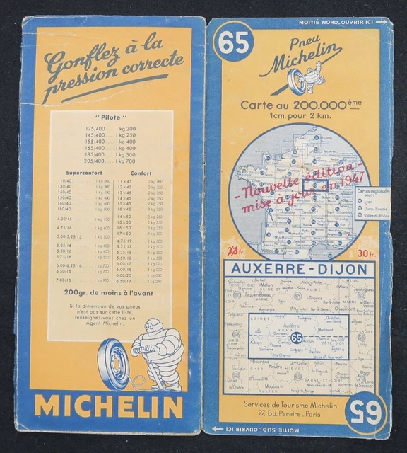 MAPPA MICHELIN 65 AUXERRE DIJON 1947 Guida Bibendum mappa pneumatici ...