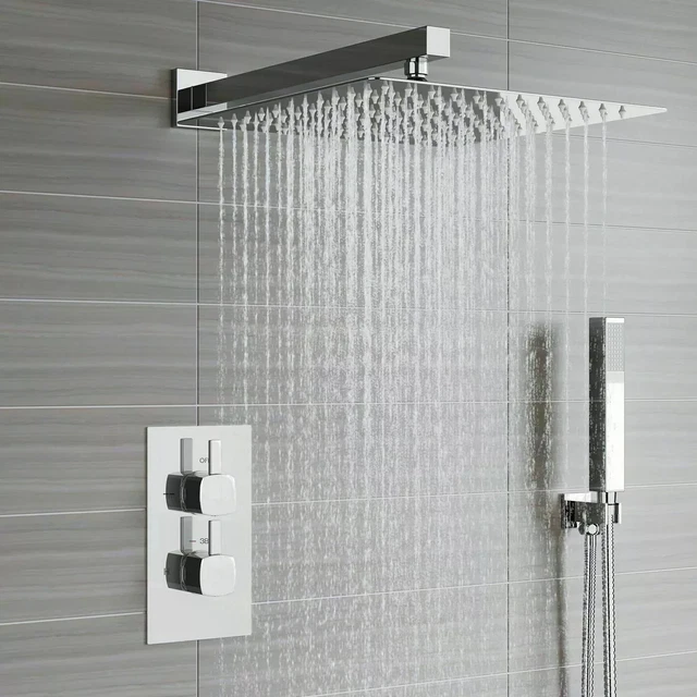 CONCEALED THERMOSTATIC SHOWER Mixer Square Chrome Bathroom Twin Head ...