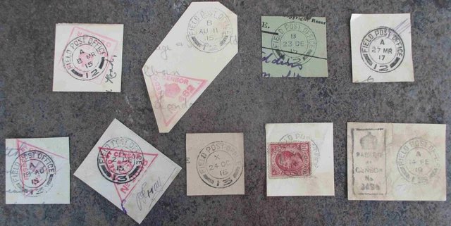 FIELD POST OFFICE WW1 - 9 postmarks Index 12 & 13 - 1915 - 1919 Censor ...