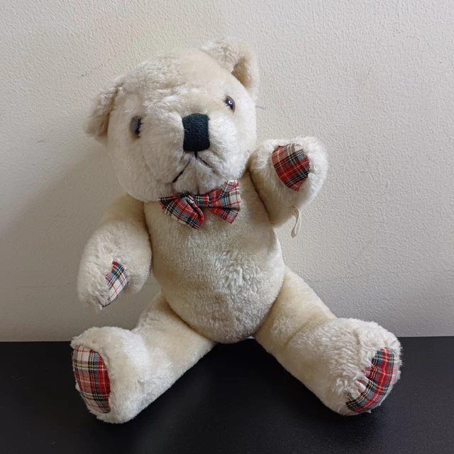 VINTAGE SALCO BEIGE Teddy Bear Jointed Limbs Tartan Bow Paws Soft Plush ...