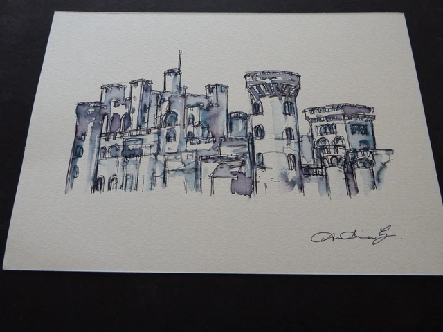 ORIGINAL PEN & ink wash drawing of Penrhyn Castle Wales on watercolour ...