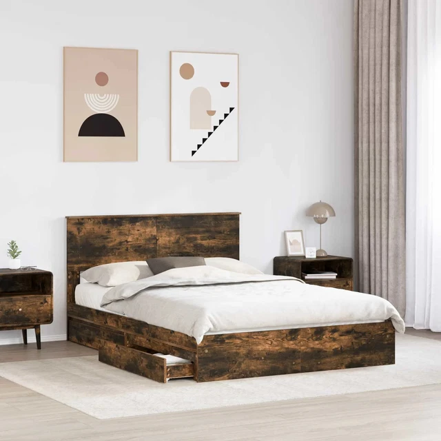 BED FRAME WITH Drawer Smoked Oak 140 x 190 cm Engineered Wood vidaXL £ ...