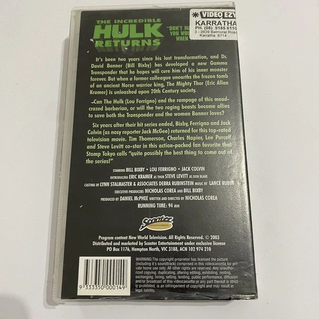 HULK VHS THE Incredible Hulk Returns (VHS, 1988) Marvel Video Tape Ex ...