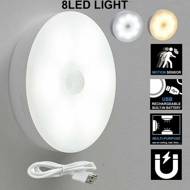 RECHARGEABLE MOTION SENSOR Night Light Lamp LED Magnetic Cupboard ...