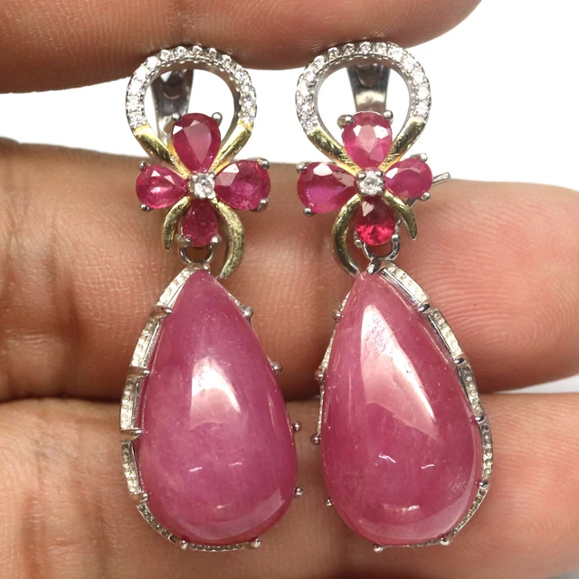 PIERRE PRÉCIEUSE ROUGE Rose Rubis & Zircone Boucles 925 Argent or Blanc EUR 265,00 - PicClick FR