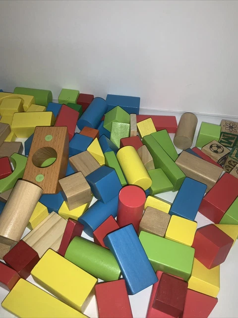 88 COLORFUL WOODEN Building Blocks Various Shapes/Sizes Primary Colors ...