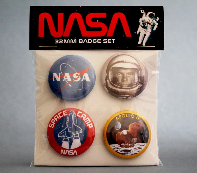 NASA SPACE BADGES, 4x metal pin back button badge set. Apollo 11 Moon ...