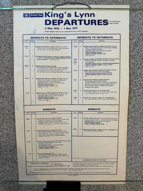 BRITISH RAIL DEPARTURES railway timetable poster/card: King's Lynn 1976 ...