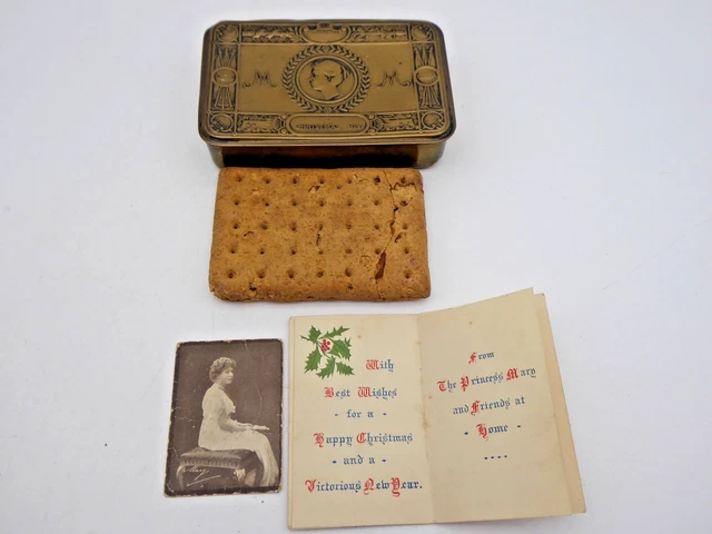 WW1 PRINCESS MARY Christmas Tin with Card and Photograph & Hard Bread ...