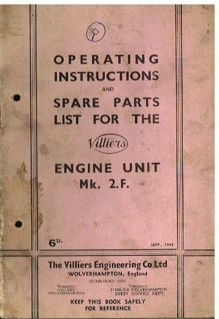 VILLIERS MK 2F 98cc 2-STROKE ENGINE 1949 OWNERS HANDBOOK & PARTS LIST £ ...