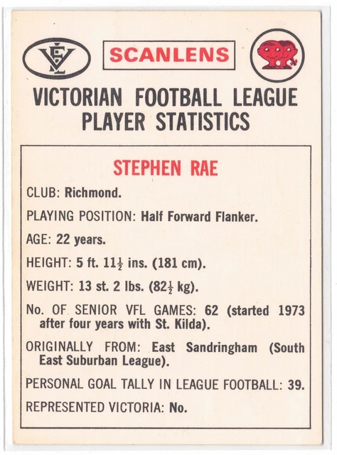 SCANLENS 1974 VFL FOOTY CARD STEPHEN RAE RICHMOND # 44 of SET N MINT ...