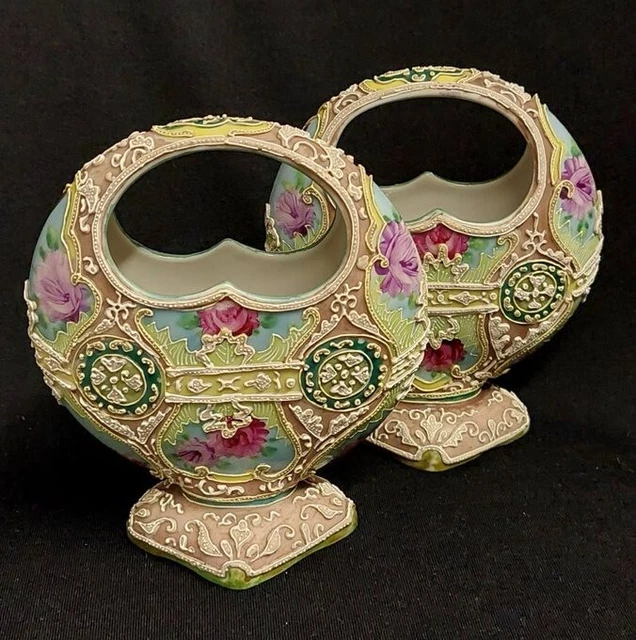 RARE PAIR NORITAKE Nippon Moriage Basket Form Moon Flask Vases Early ...