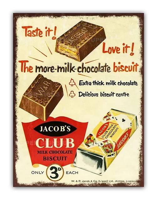 RETRO JACOBS CLUB Chocolate Biscuit Style Metal Sign Garden Bar Kitchen ...