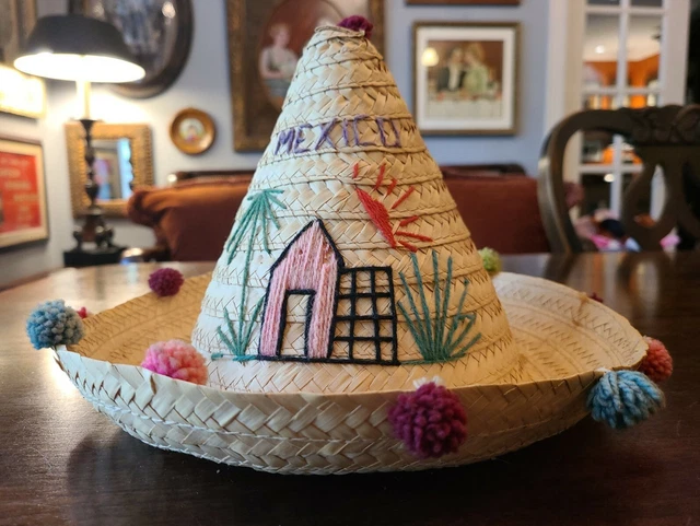 VINTAGE CUTE STRAW Hat Sombrero Souvenir from Mexico 9" Tall~Inside ...
