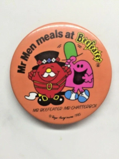 VINTAGE MR MEN AT BEEFEATER 1985 BADGE MR BEEFEATER MR CHATTERBOX 80s ...