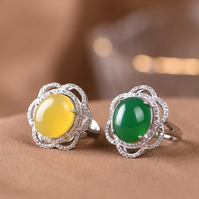 I05 ANELLO FIORE Con Verde Agata O Gialla Calcedonio Argento 925 ...