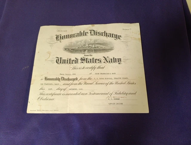 WW2 NAVAL PHARMACIST Honorable Discharge Certificate £6.28 - PicClick UK