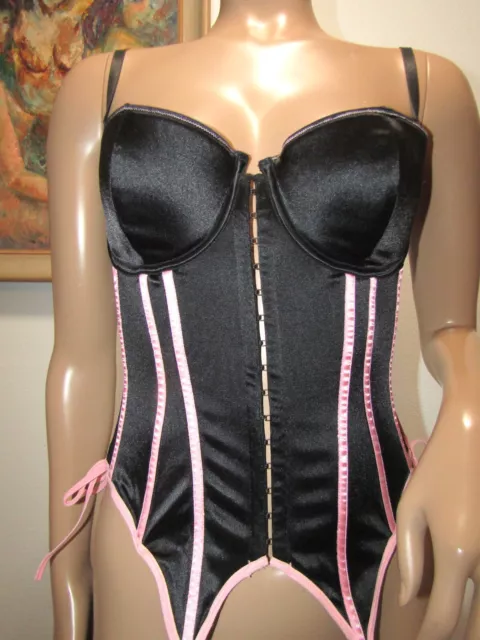 Victorias Secret Satin Pink Black Stretch Corset Bustier Top Boned