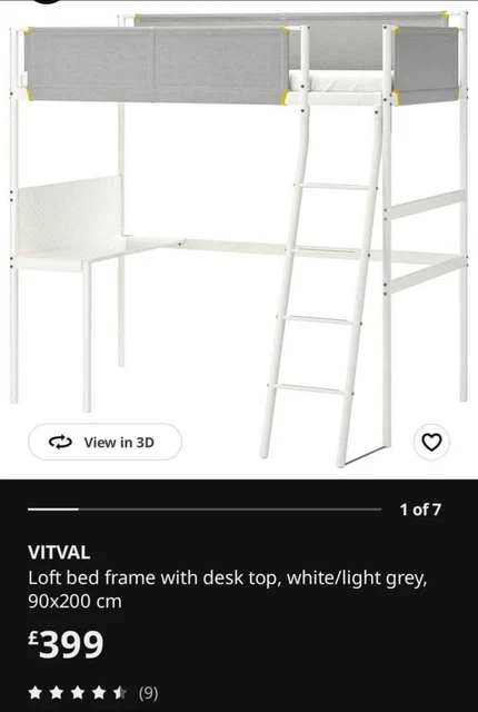 IKEA VITVAL LOFT Single Bed Frame White/Light Grey with Desk Attachment ...