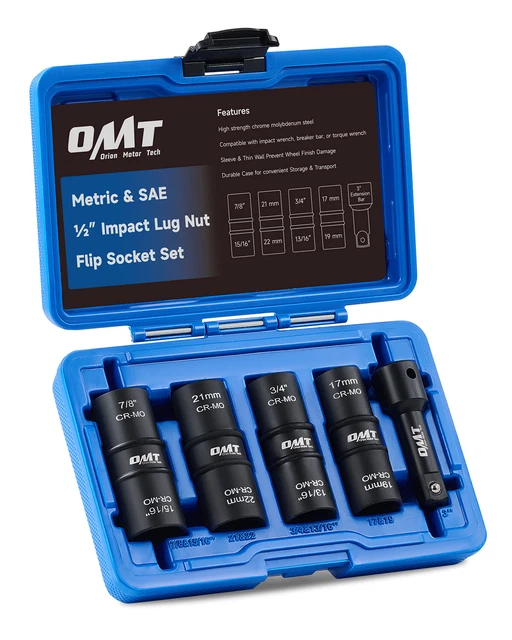OMT DOUBLE SIDE Lug Nut Socket Set, 5Pc - 1/2-Inch Drive Flip Impact ...