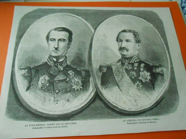 GRAVURE 19ÈM - Le Vice Amiral Jurien de la Gravière et Général Forey ...