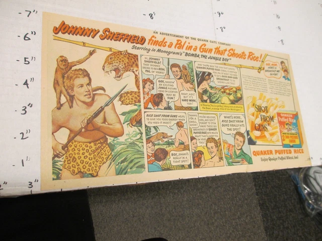 NEWS AD 1949 QUAKER cereal box Johnny Sheffield Bomba Jungle Boy movie ...