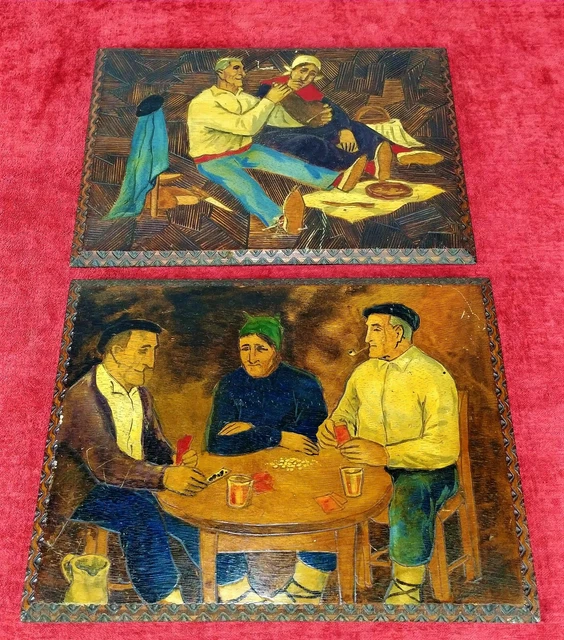 BASQUE PEASANTS. INCISED Signature. 2 Wood Paintings. Spain. Vers 1950 ...