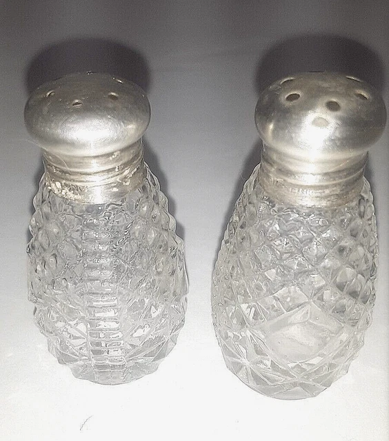 VINTAGE MINI ( 2 " ) Pressed Glass Salt & Pepper Shakers w/ Sterling ...