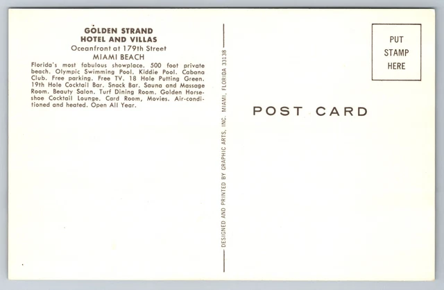 THE GOLDEN STRAND Hotel and Villas Miami Beach Florida Vintage Postcard ...