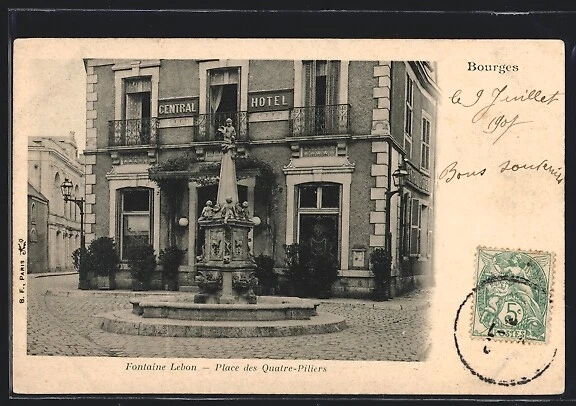 CPA BOURGES, FONTAINE Lebon, Place des Quatre-Piliers 1907 EUR 7,00 ...