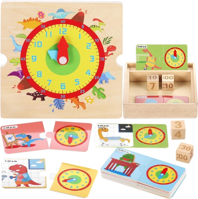 WOODEN CLOCK TEACHING Time Set for Kids 46 Pieces Time Activity 🦕 £10. ...